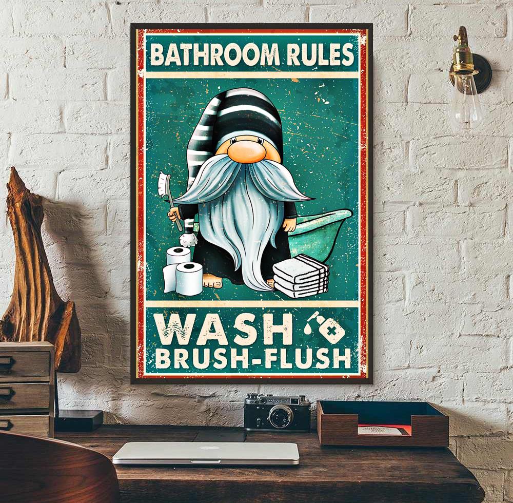 Gnomes bathroom rules wash brush flush poster