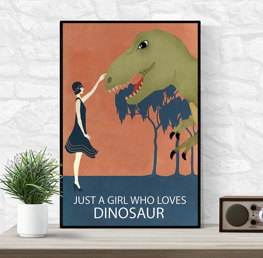Vintage girl girl who loves dinosaur poster canvas